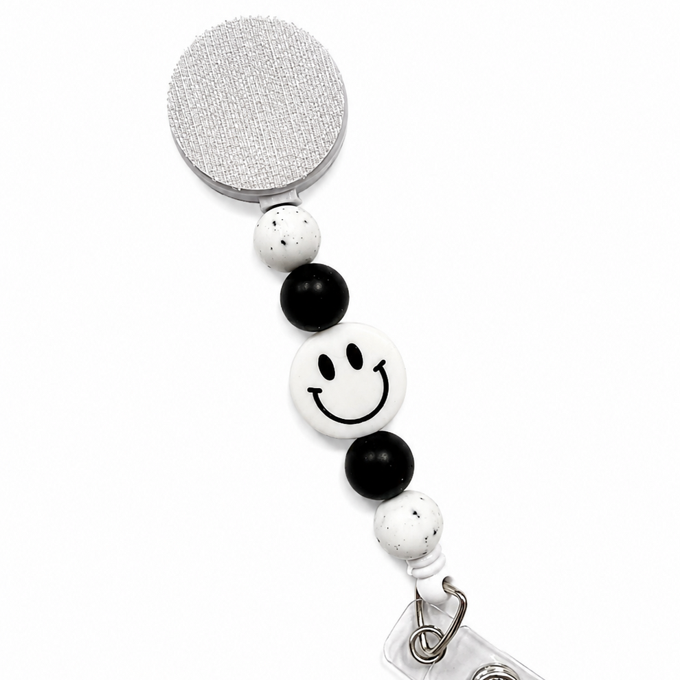White Smiley Face Badge Reel | Black & White Happy Face Retractable ...